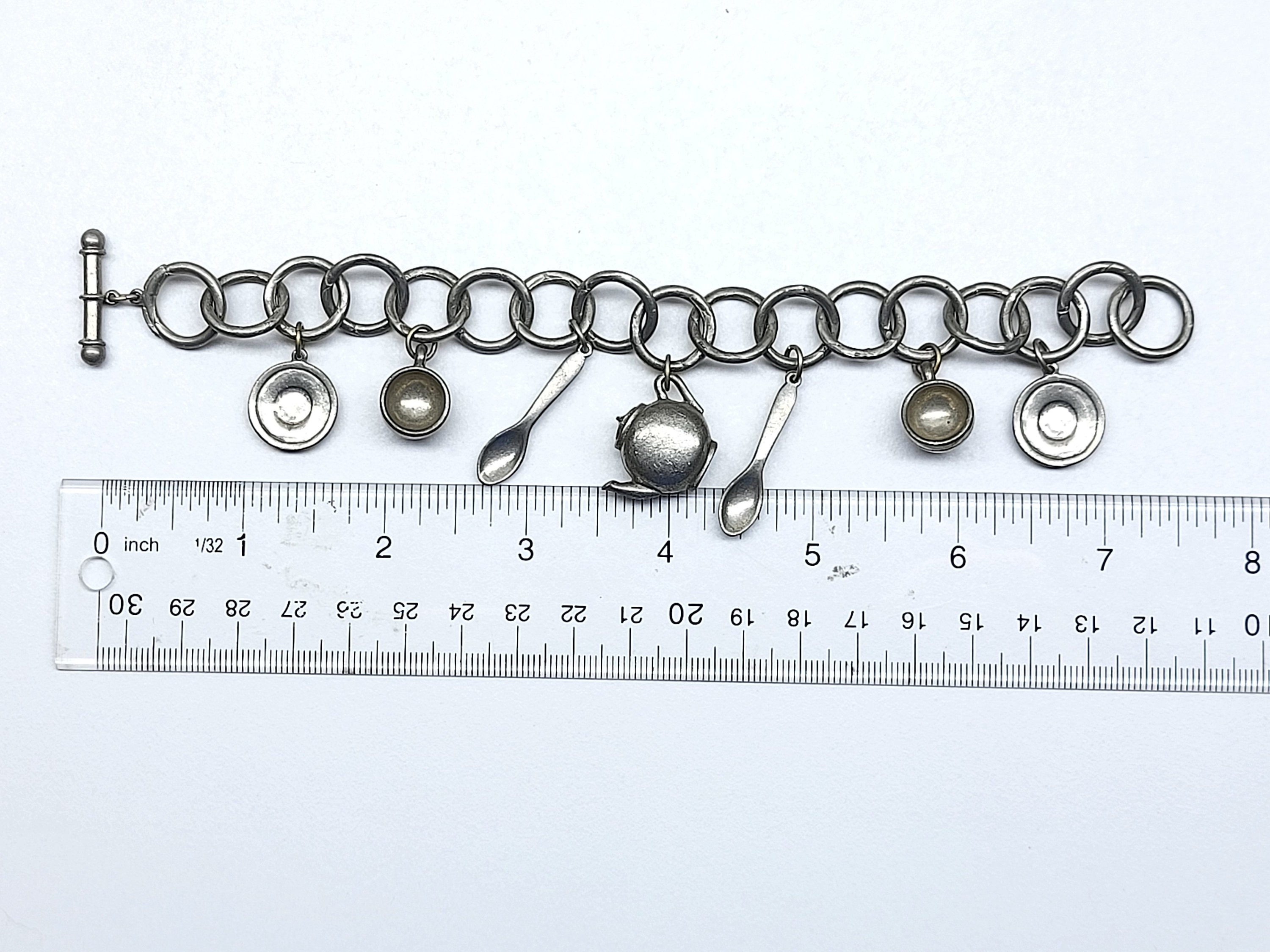 Vintage Jim Clift Charm Bracelet, Tea for Two Pewter Charm Bracelet ...