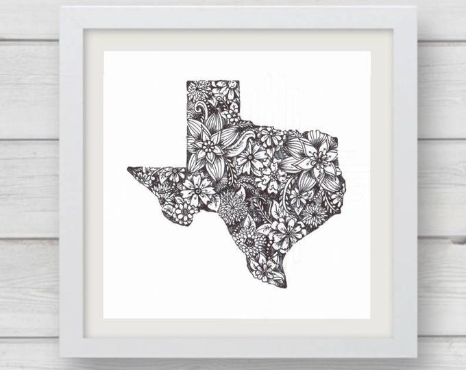 Floral Texas Drawing, Texas Map Art, Texas Pride Art, Lone Star State ...