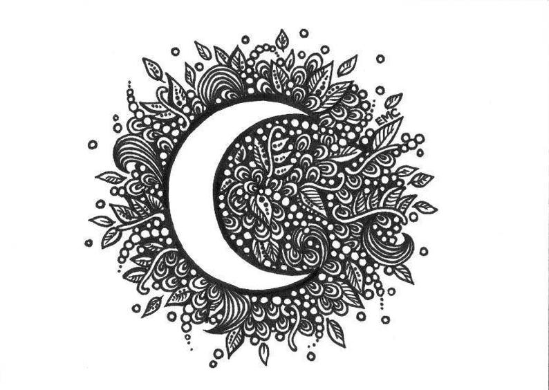 Crescent Moon Art, Crescent Moon Drawing, Floral Moon Art, Moon Art ...