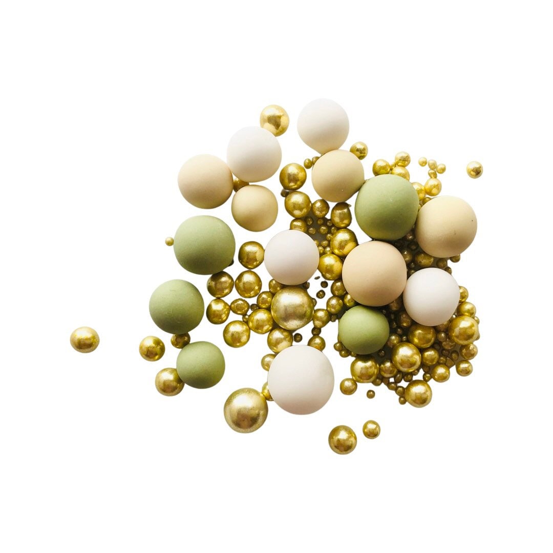 Edible Pearls in Sage Green Ivory White With Gold Sprinkles. Sugarpaste ...