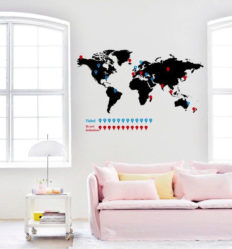 WORLD MAP Wall Decal, Travel Wall Decal, World Map Vinyl Sticker for ...