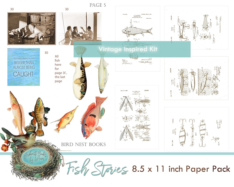 Fish Stories Fishing Themed Paper Pack Printable Junk Journal Kit Paper ...