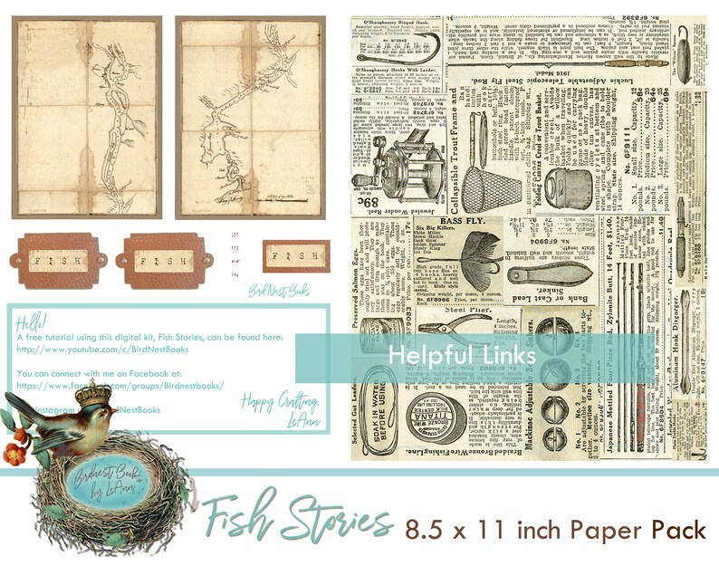 Fish Stories Fishing Themed Paper Pack Printable Junk Journal Kit Paper ...