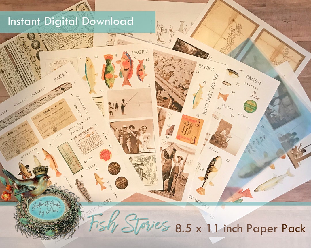 Fish Stories Fishing Themed Paper Pack Printable Junk Journal Kit Paper ...
