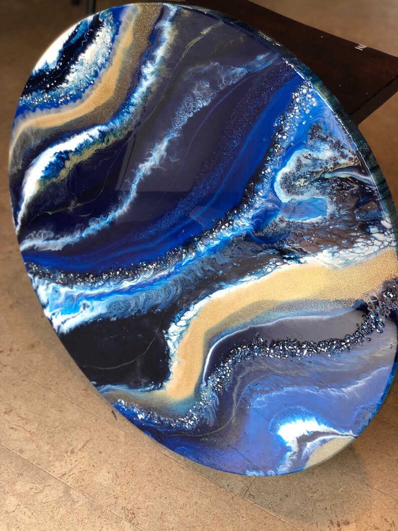 30" Round Artwork, Navy Blue and Gold Wall Art, Resin Art, Resin Geode ...