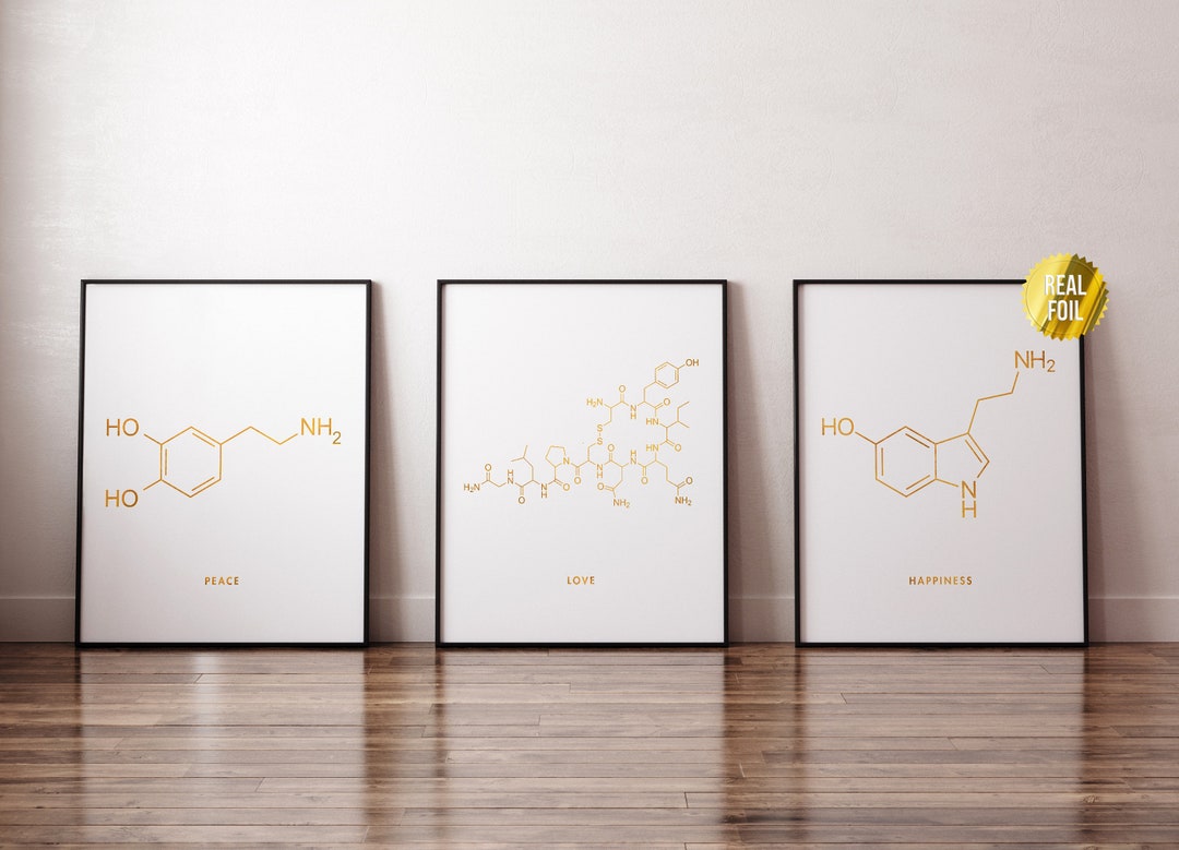 Peace Love Happiness Molecule Art Foil Print Set of 3 Dopamine Molecule ...