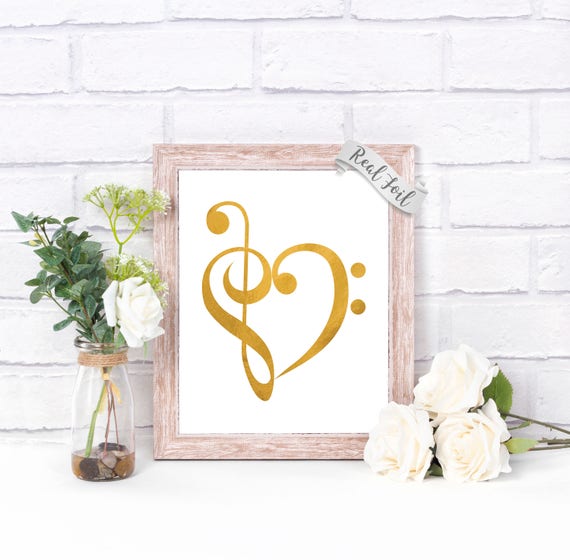 Music Note Heart Gold Foil Print Bass Clef Music Art - Etsy