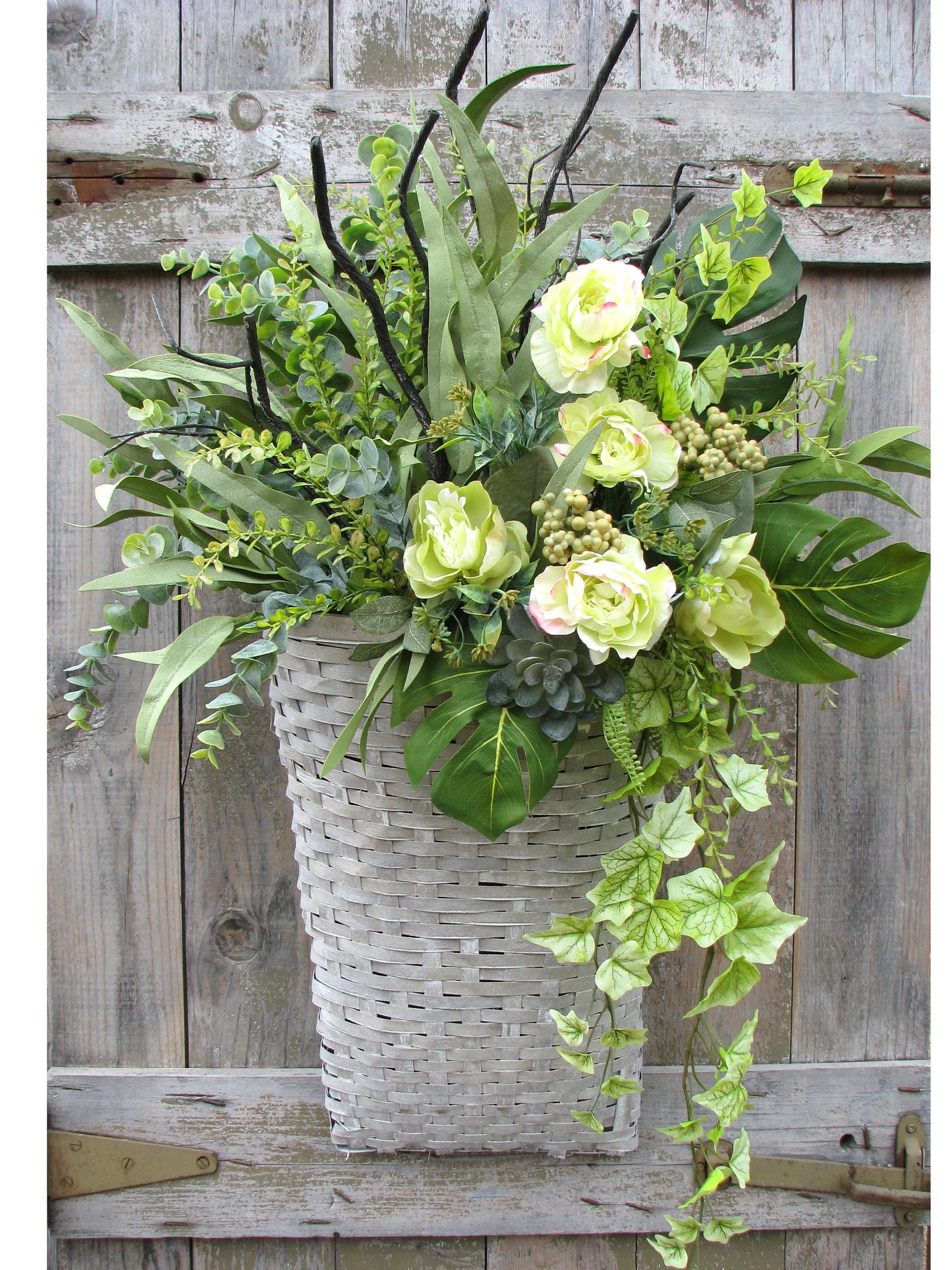 Hanging Basket With Greenery and Flowers, Large Wall Pocket, Woven Wall ...
