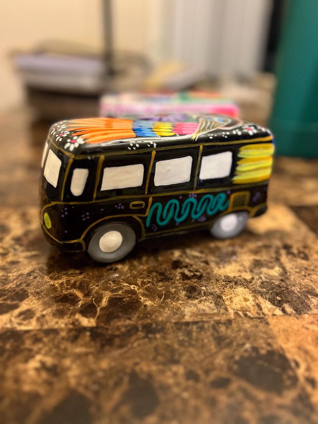 Hand Painted Volkswagen Van Bank, Mexican Pottery Art Piggy Bank ...