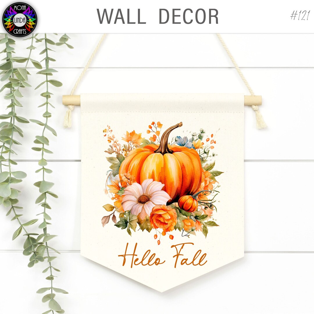 Hello Fall Wall Art, Autumn Wall Decor, Pumpkin and Flower Sign, Fall ...