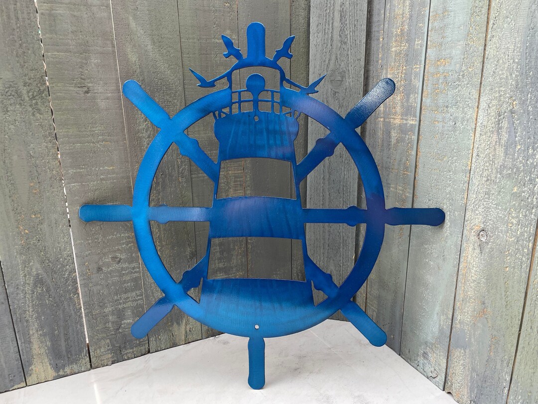Metal Lighthouse and Ship Wheel Plasma Cut Sign Art Lake House Water ...