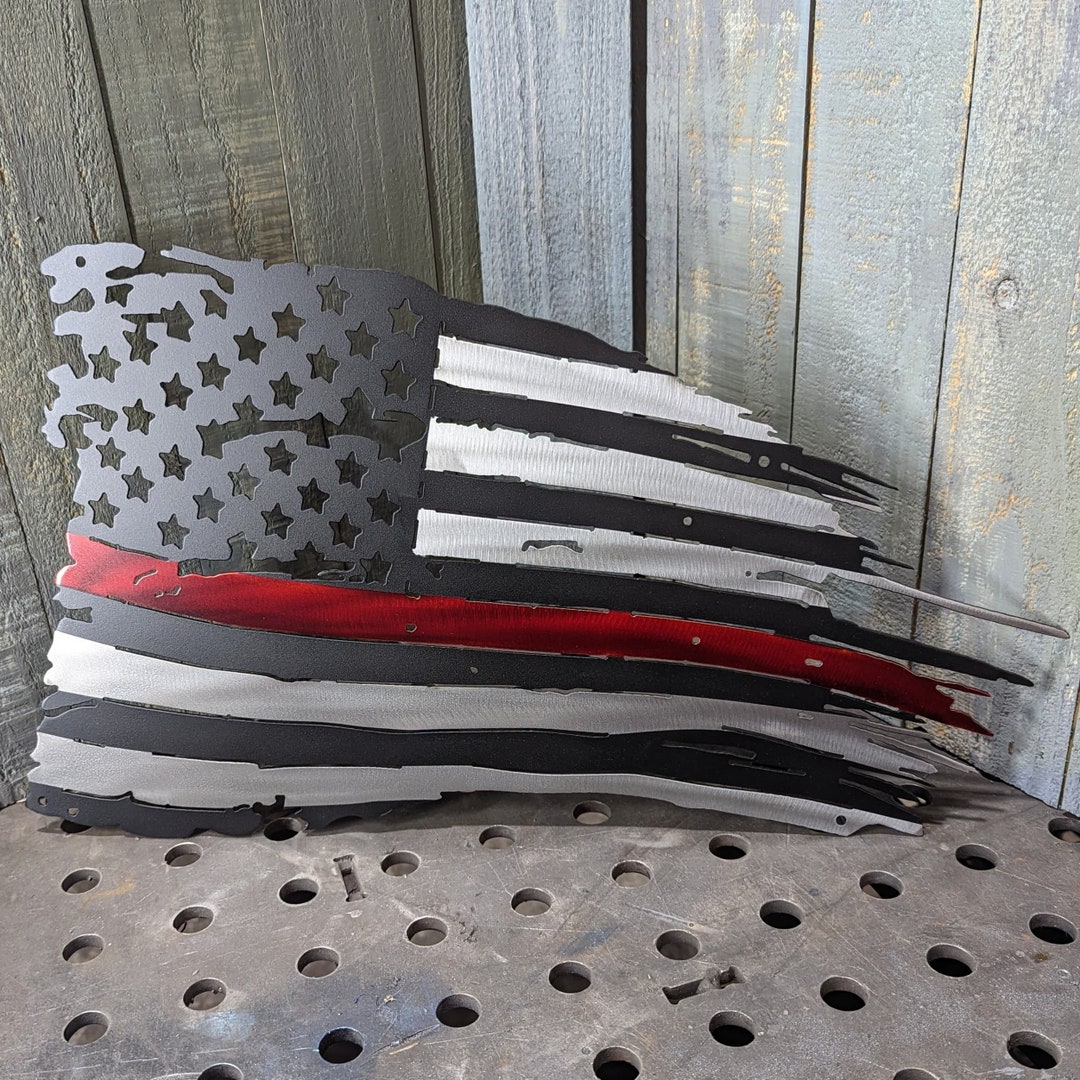 Metal Tattered Red Line Flag Back the Red Fireman Fire Pride Plasma Cut ...