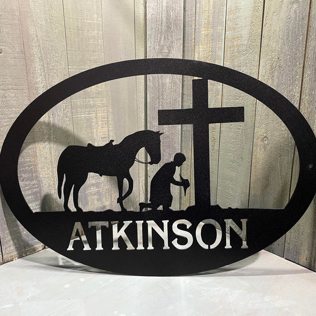 Metal Praying Cowboy at Cross With Custom Last Name or Address Plasma ...