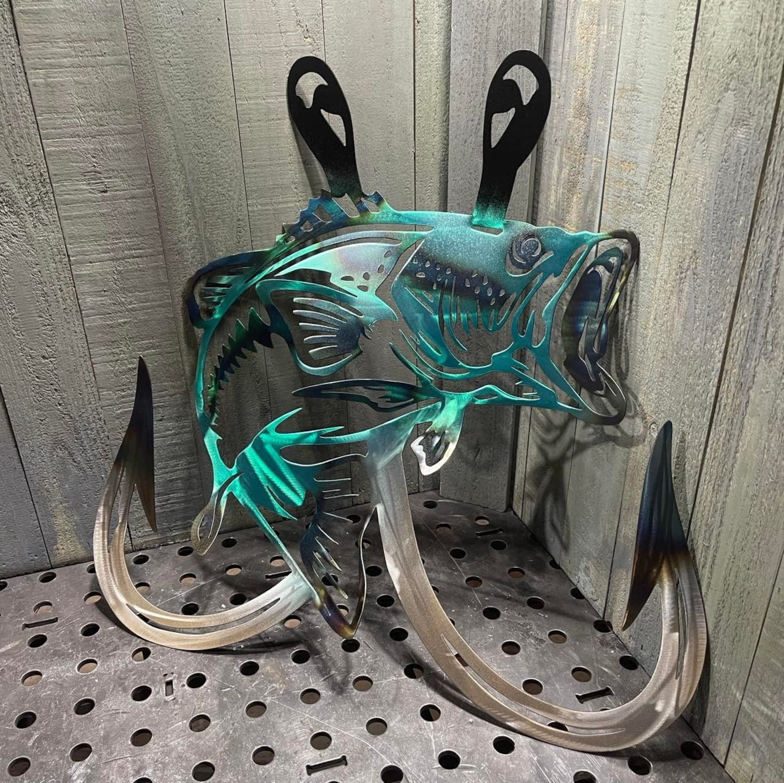 Metal Bass Fish With Hooks Plasma Cut Sign Art Fishing Art Gone Fishing ...