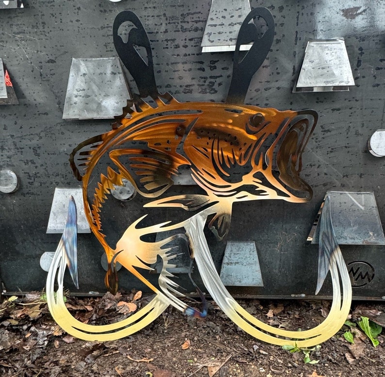 RED Metal Bass Fish With Hooks Plasma Cut Sign Art Fishing Art Gone ...