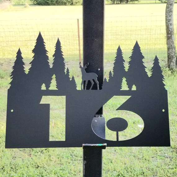 Deer Address Sign with Pine Trees Custom Painted | Etsy