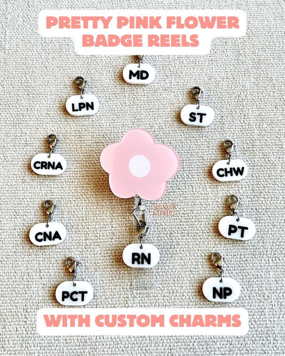 PRETTY PINK Flower Badge Reel With Custom Charms, Acrylic Badge Reel ...