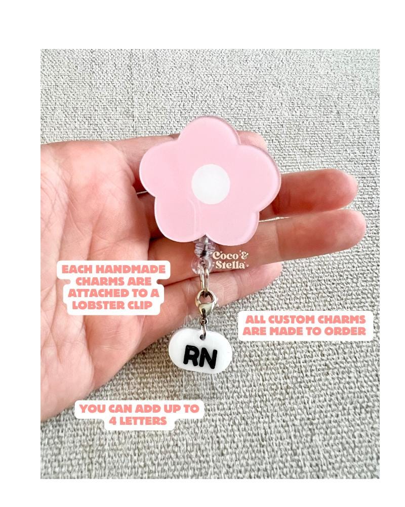 PRETTY PINK Flower Badge Reel With Custom Charms, Acrylic Badge Reel ...