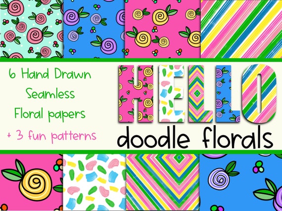 Seamless Digital Paper Florals Hand Drawn Flowers PNG | Etsy