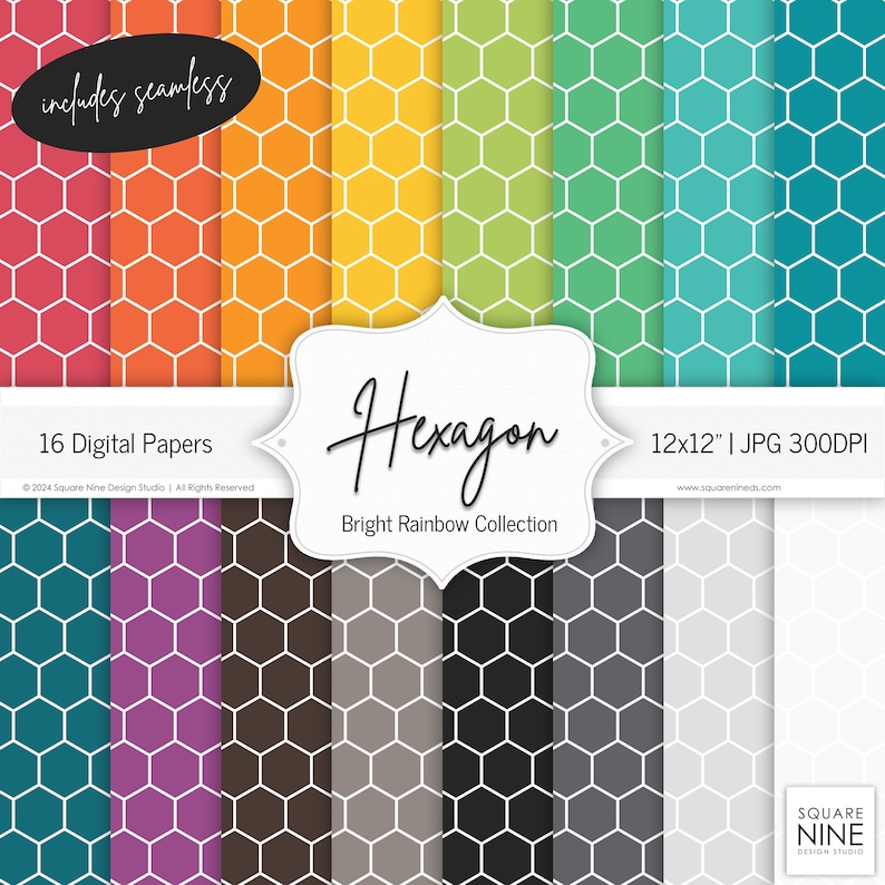 Hexagon Bright Rainbow Digital Paper Pack | 16 Seamless 12x12 Designs ...