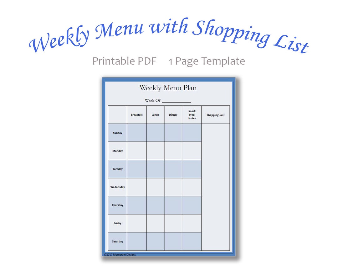 Menu With Shopping List - Etsy