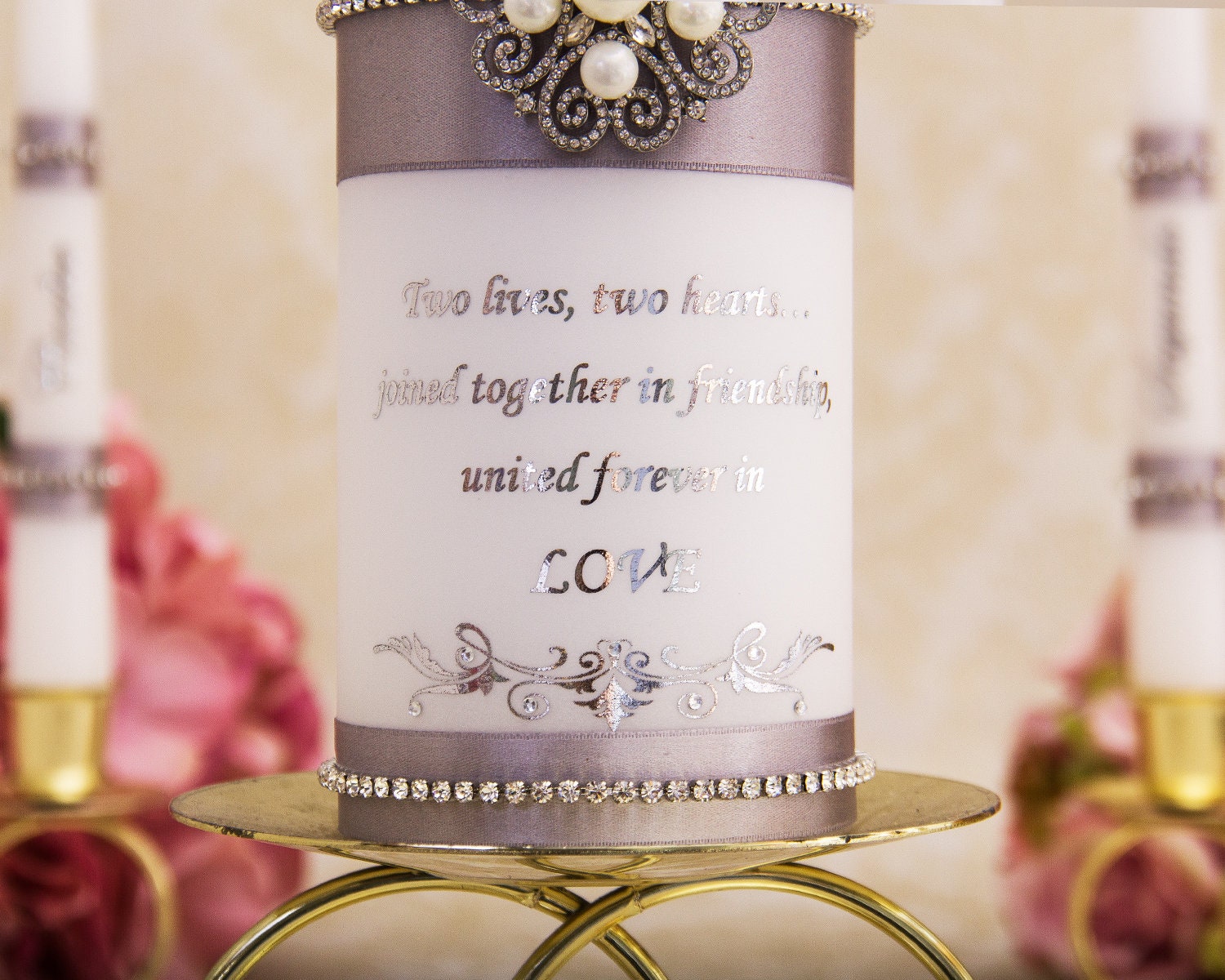 Personalized Wedding Unity Candle Set in White and Silver | Etsy