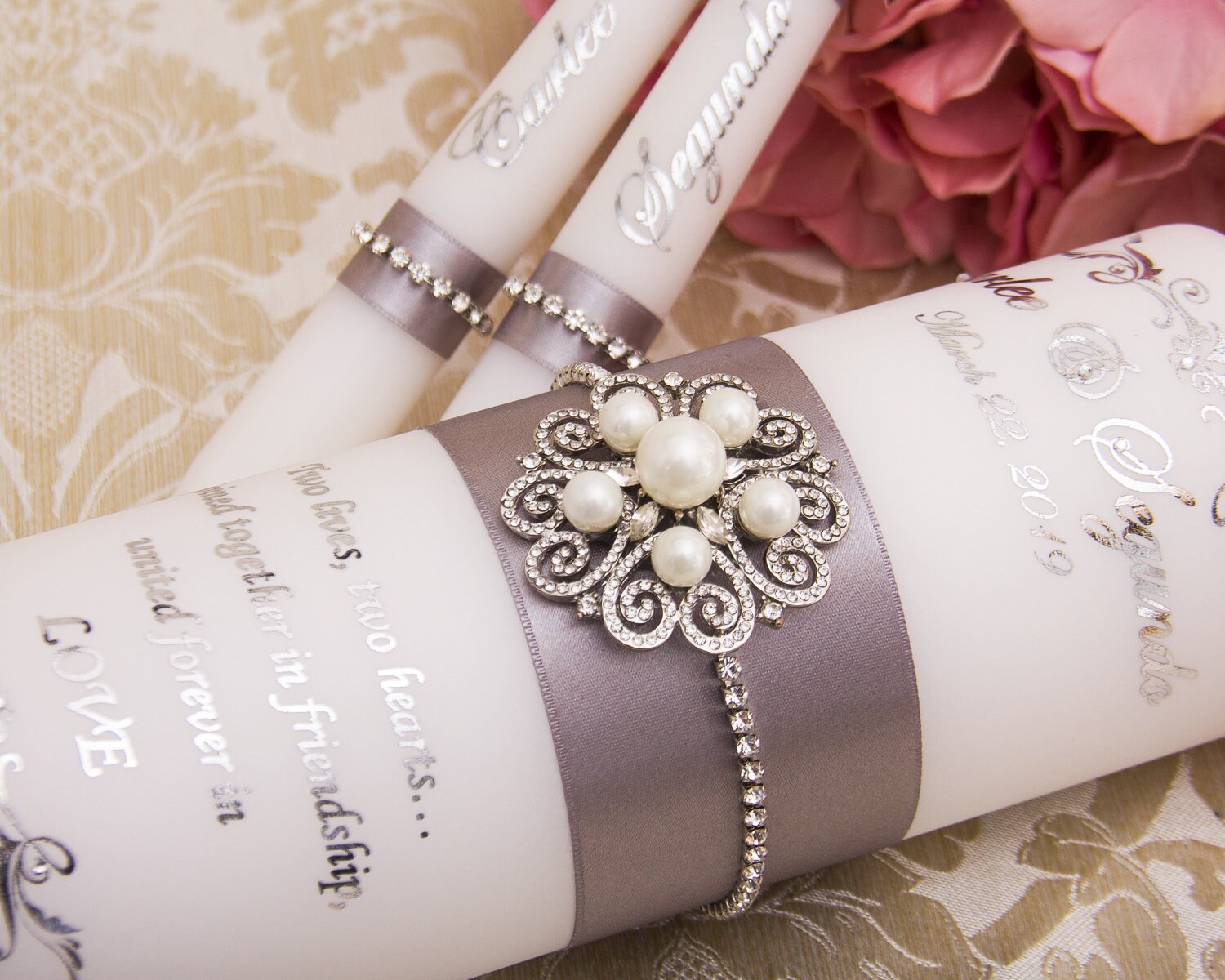 Personalized Wedding Unity Candle Set in White and Silver | Etsy