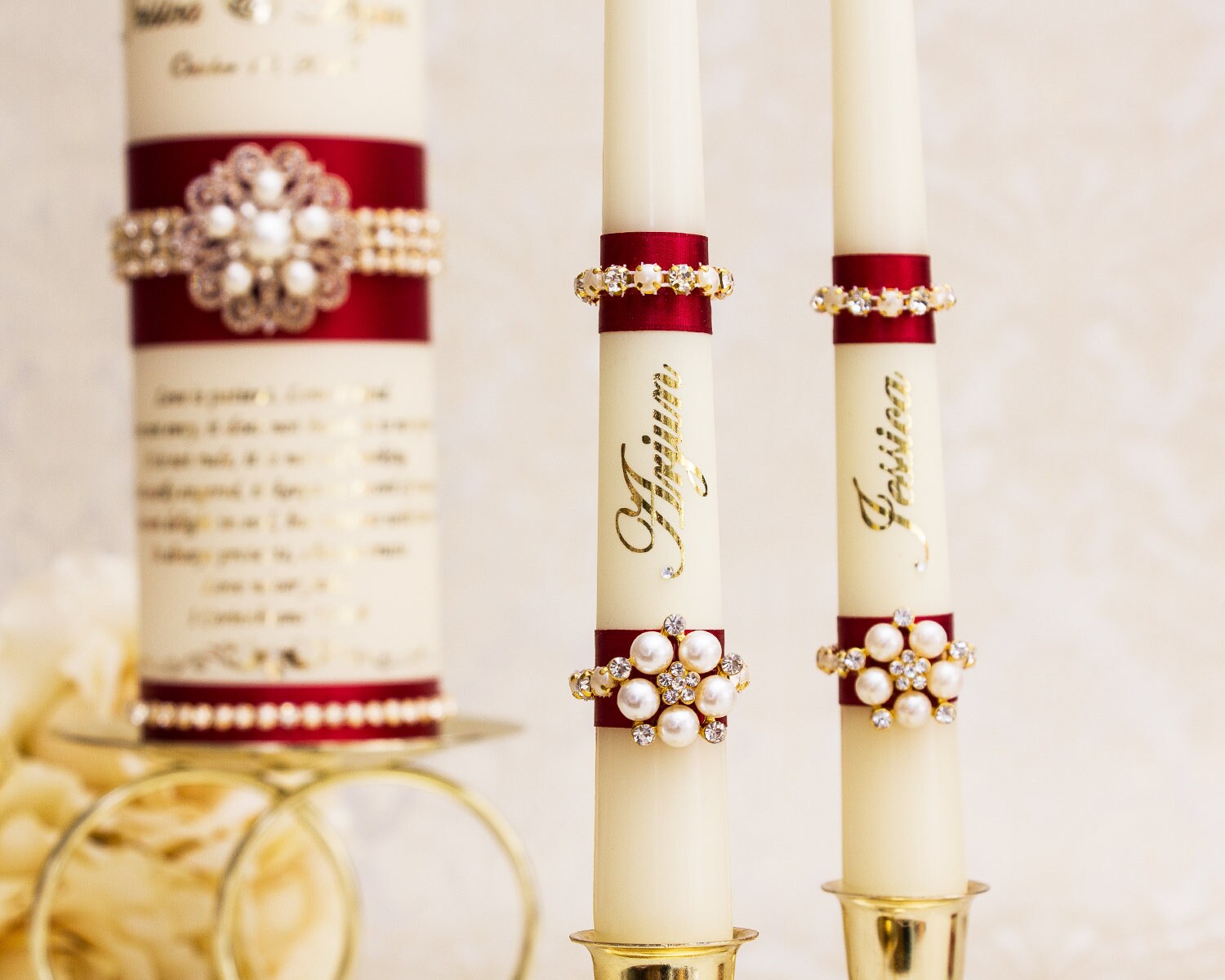 Burgundy and Gold Wedding Unity Candle Set Personalized | Etsy