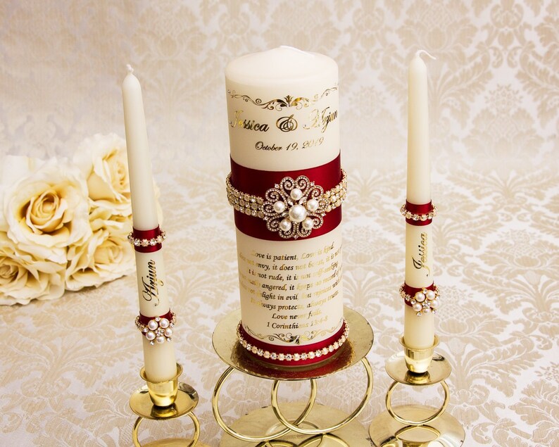 Burgundy and Gold Wedding Unity Candle Set Personalized Wedding Candles ...