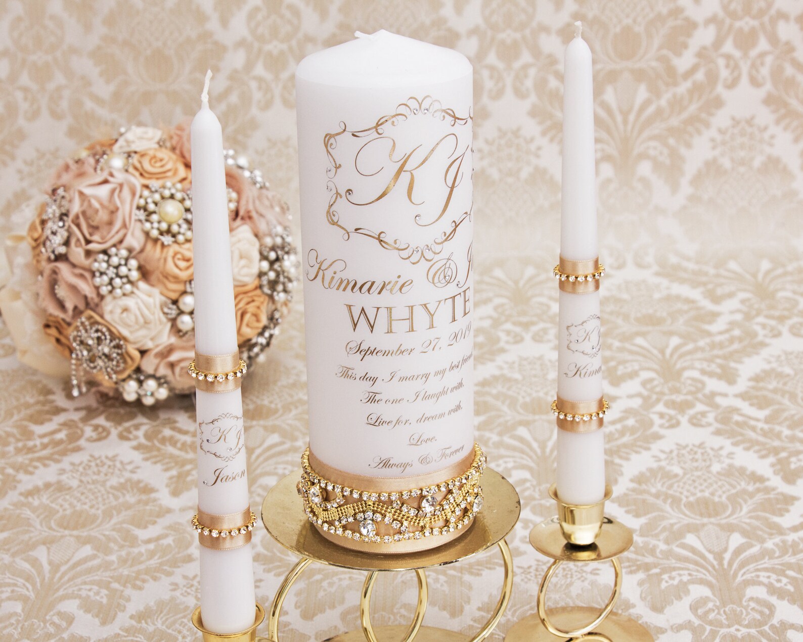 Personalized Wedding Unity Candle Set in Gold With Rhinestone Trims ...