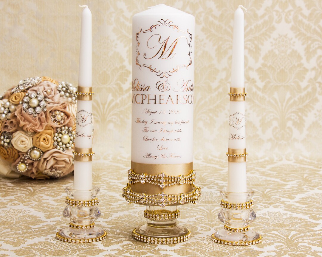 Gold Wedding Unity Candle Set, Personalized Unity Candles Set, Art Deco ...