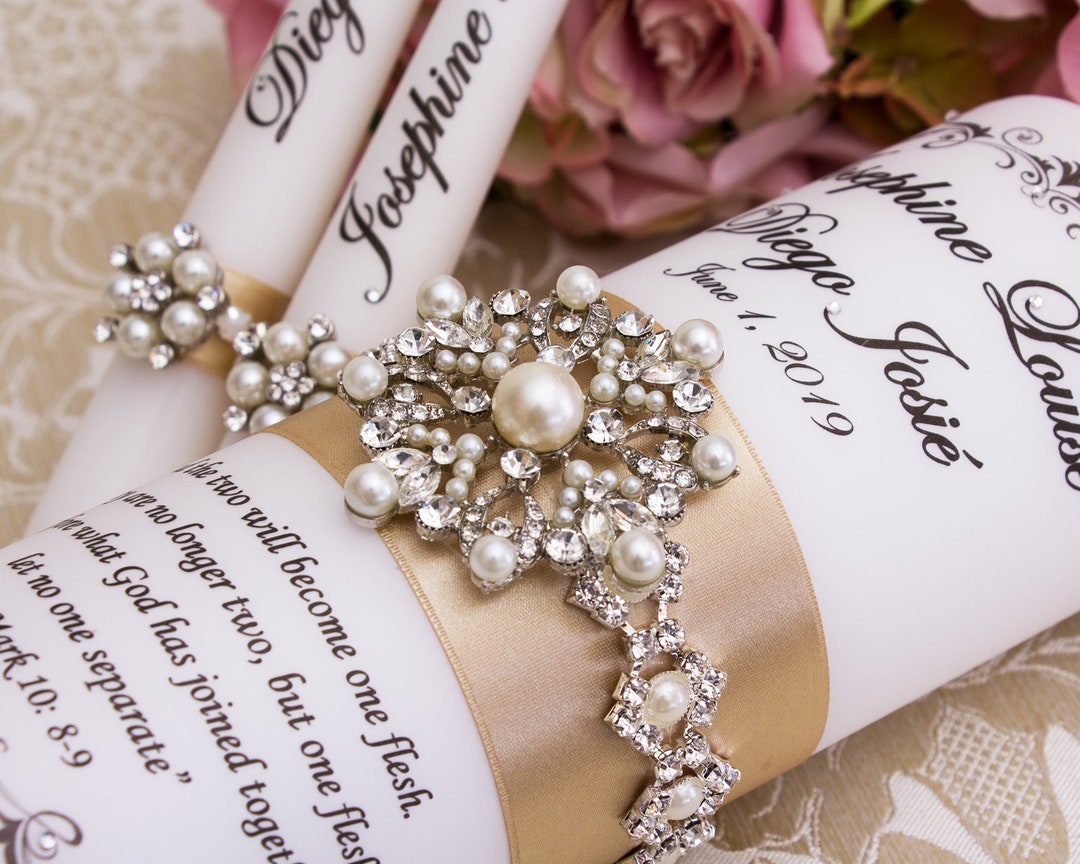 Pearl Unity Candle Set for Wedding Ceremony With Champagne Ribbon and ...