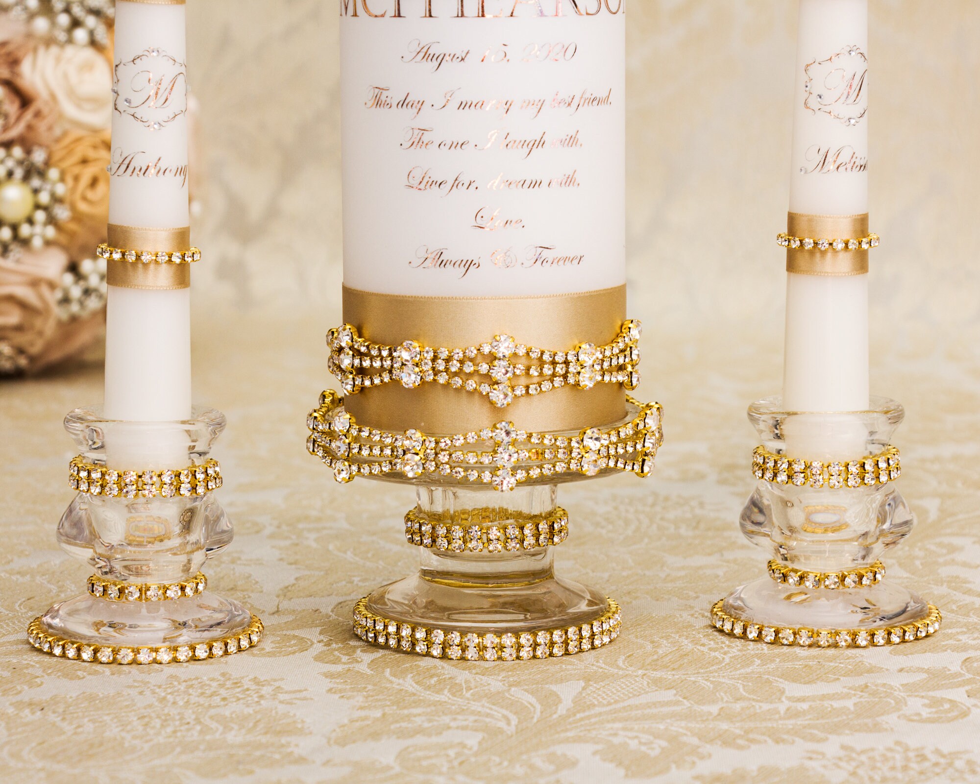 Gold Wedding Unity Candle Set, Personalized Unity Candles Set, Art Deco ...