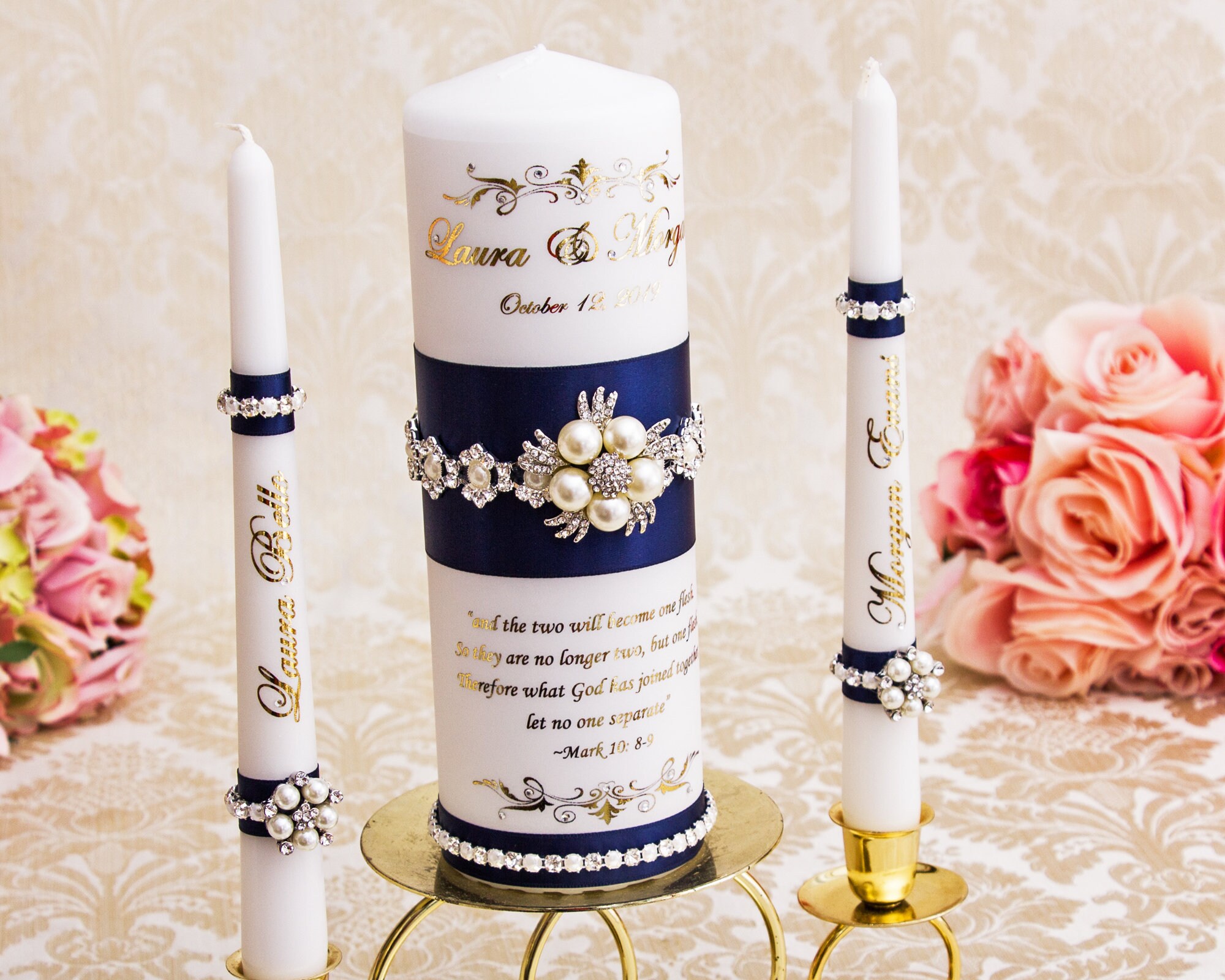 Personalized Unity Candle Set for Wedding Ceremony with Navy | Etsy