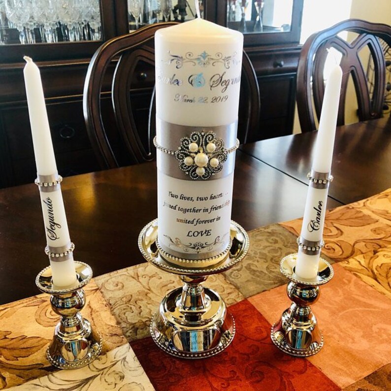 Personalized Wedding Unity Candle Set in White and Silver | Etsy