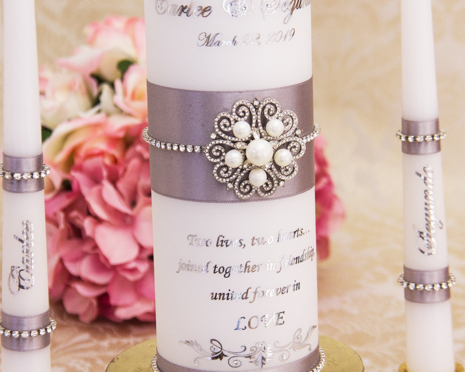 Personalized Wedding Unity Candle Set in White and Silver - Etsy