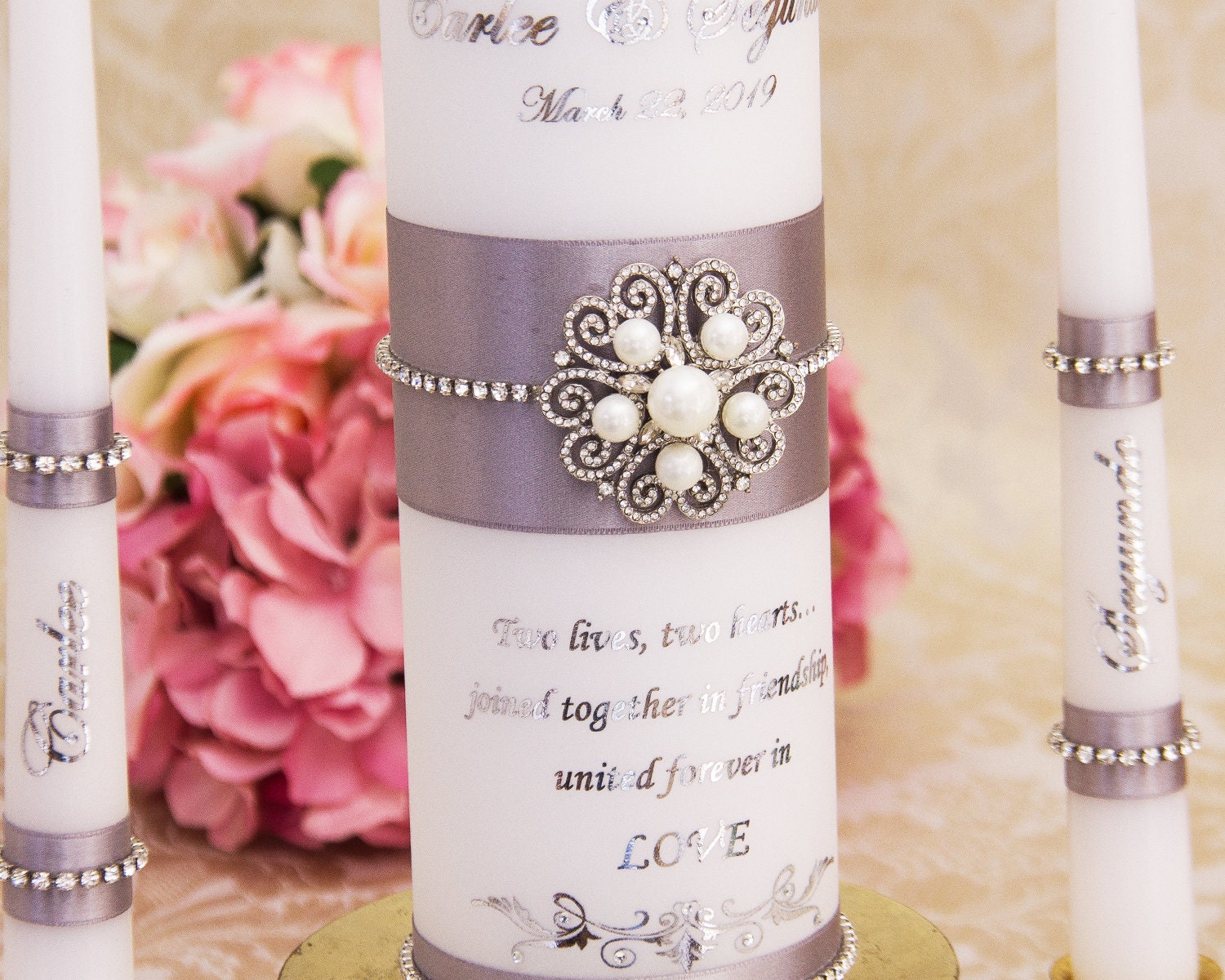 Personalized Wedding Unity Candle Set in White and Silver | Etsy