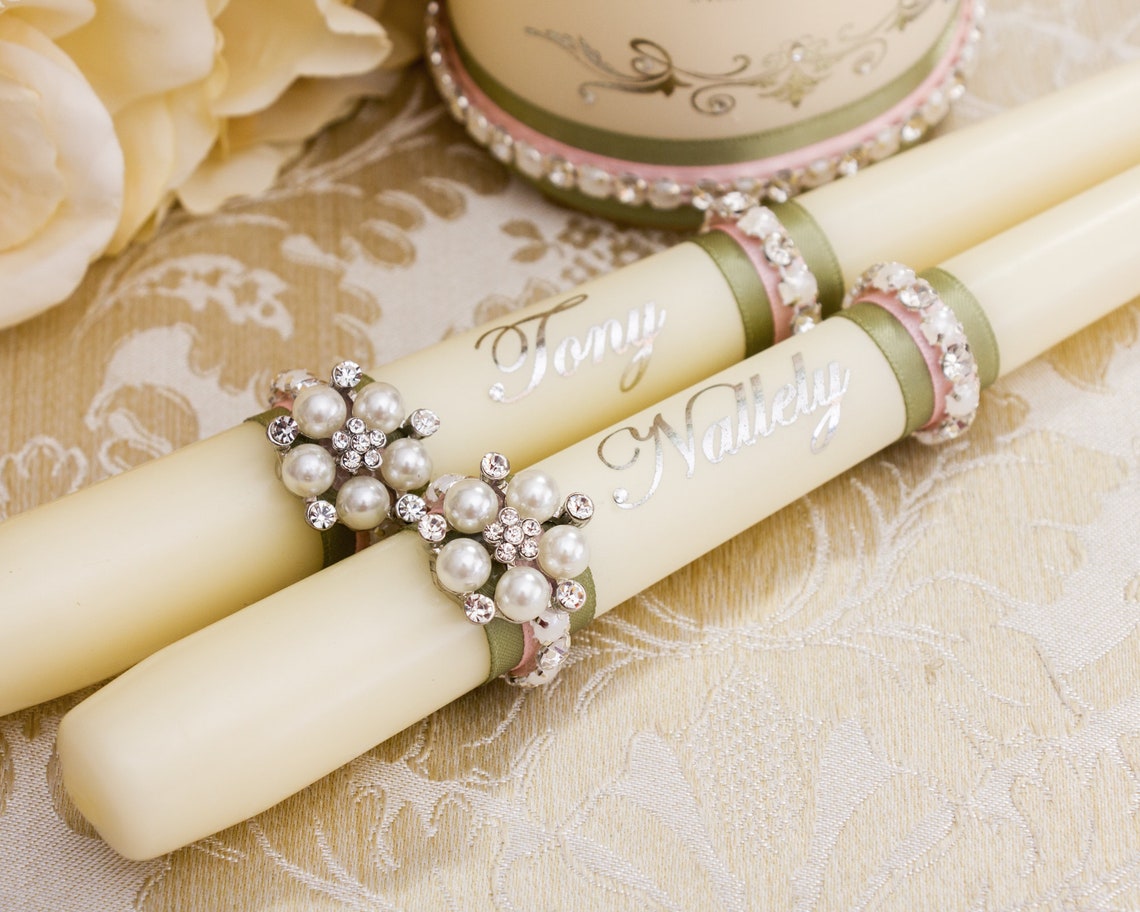 Personalized Wedding Unity Candle Set With Pearl Brooch Olive - Etsy