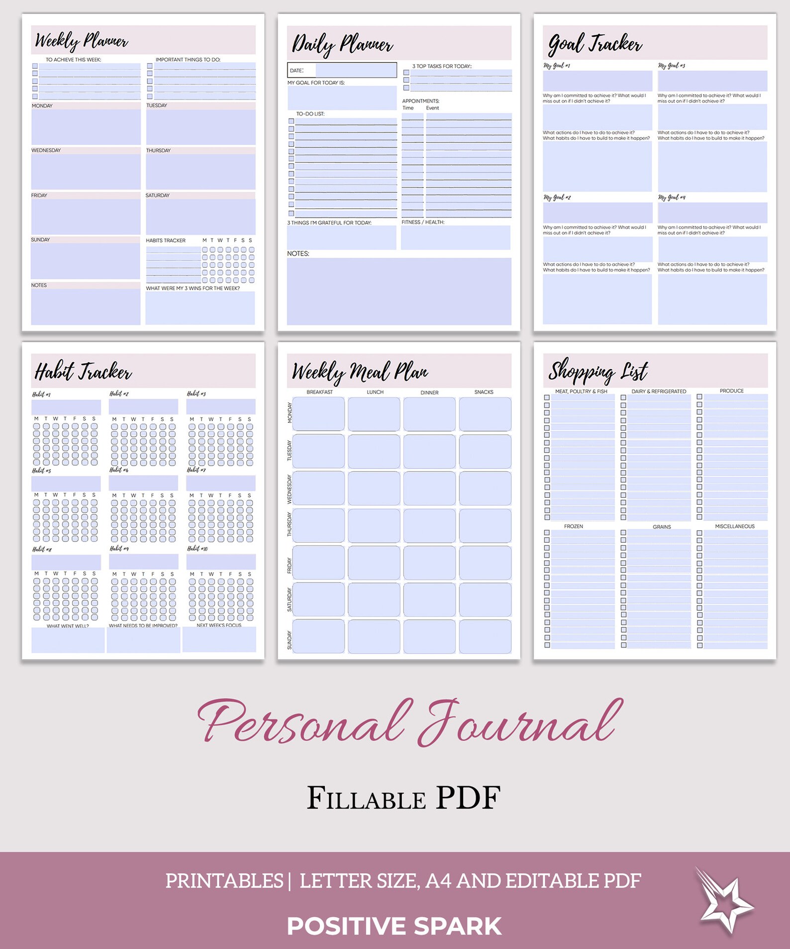 Printable Personal Planner Inserts, Goal Planner, Weekly Planner, Habit ...