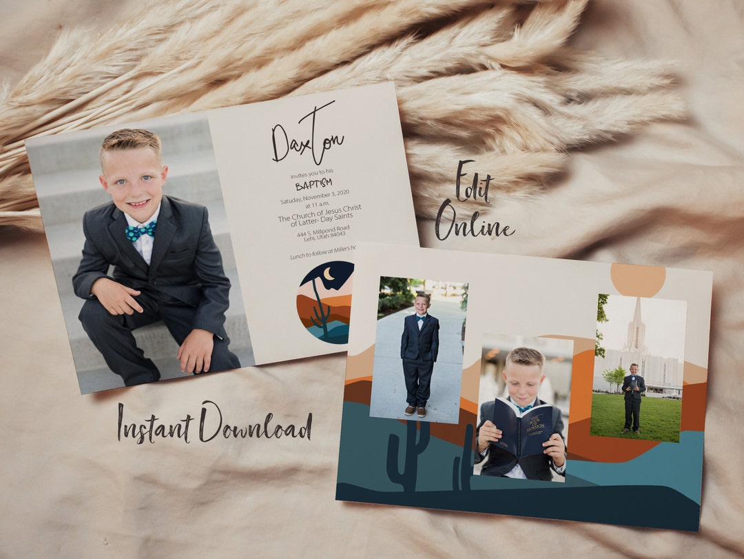 Boho boys desert scene digital lds baptême invitation modèle ...