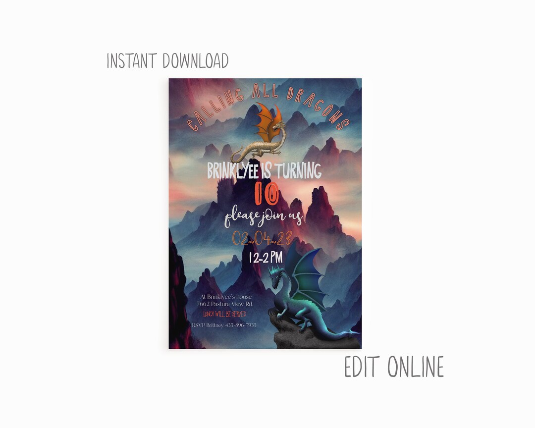 Dragon Birthday Party Invitation Digital Template, Custom, Editable ...
