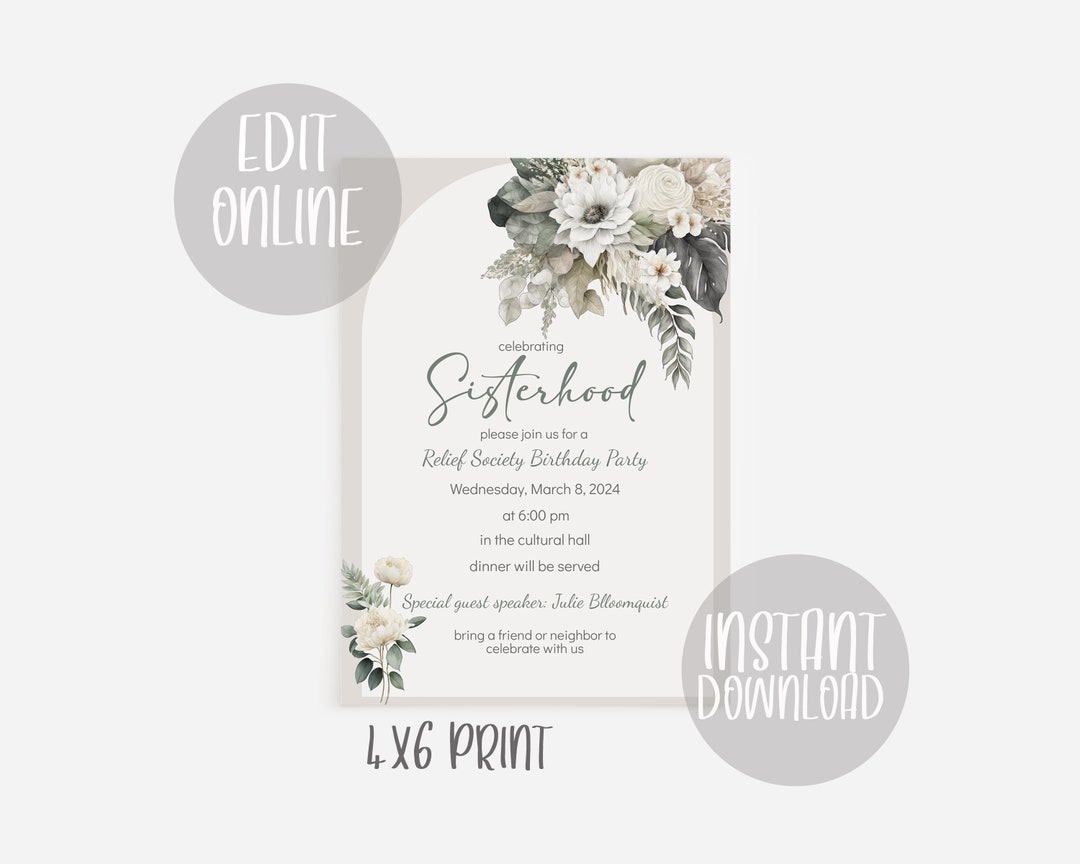 Relief Society Birthday Party Invitation, 4x6, Floral, Modern ...