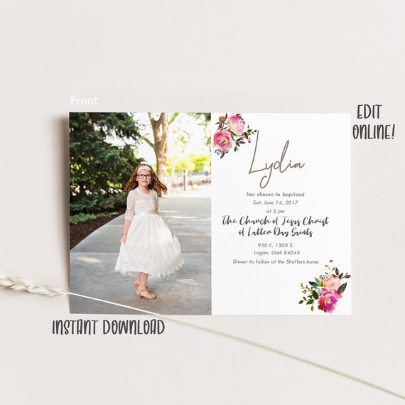 Simple Floral Lydia LDS Girls Baptism Invitation Instant | Etsy