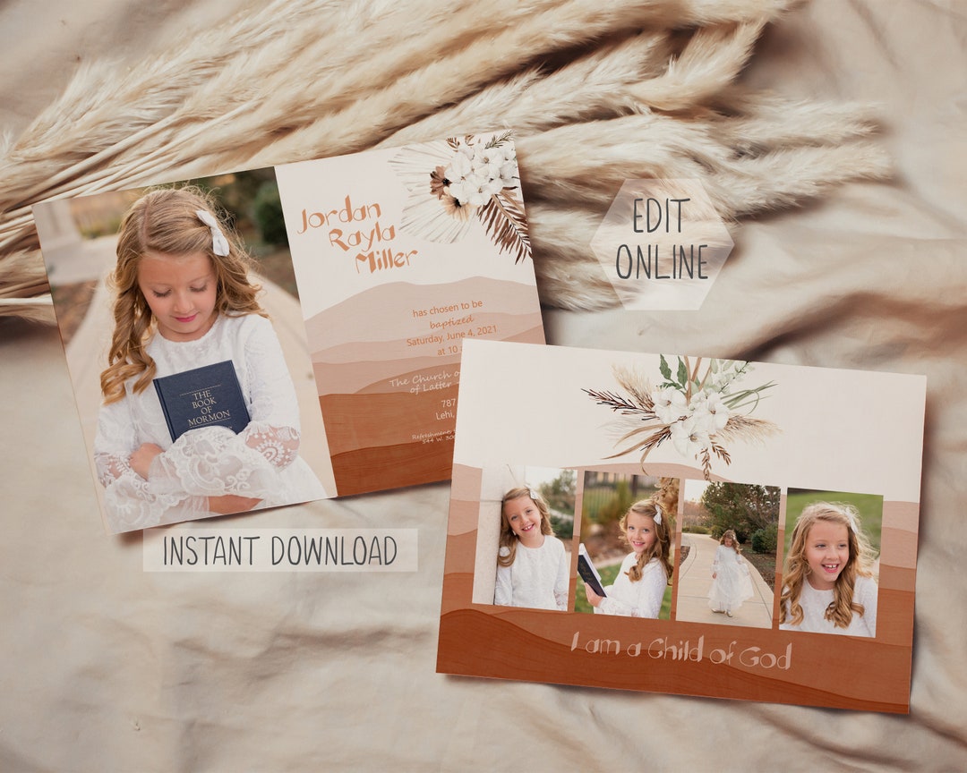Editable Girls LDS Sunset Boho Pampas Baptism Invitation Digital Custom ...