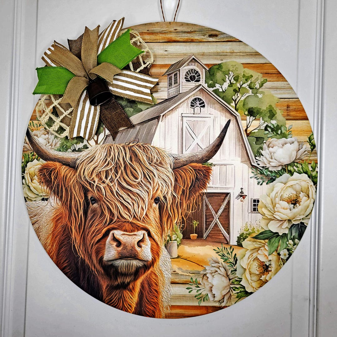 Highland Cow Door Hanger With Cow Bell Bow, Welcome Everyday Door ...