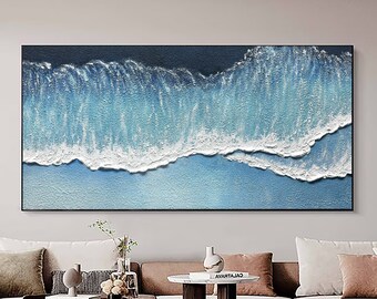 Large Minimalist Art White Abstract Painting on Canvas Waves Art Texture Gold Ocean Wall Art ...