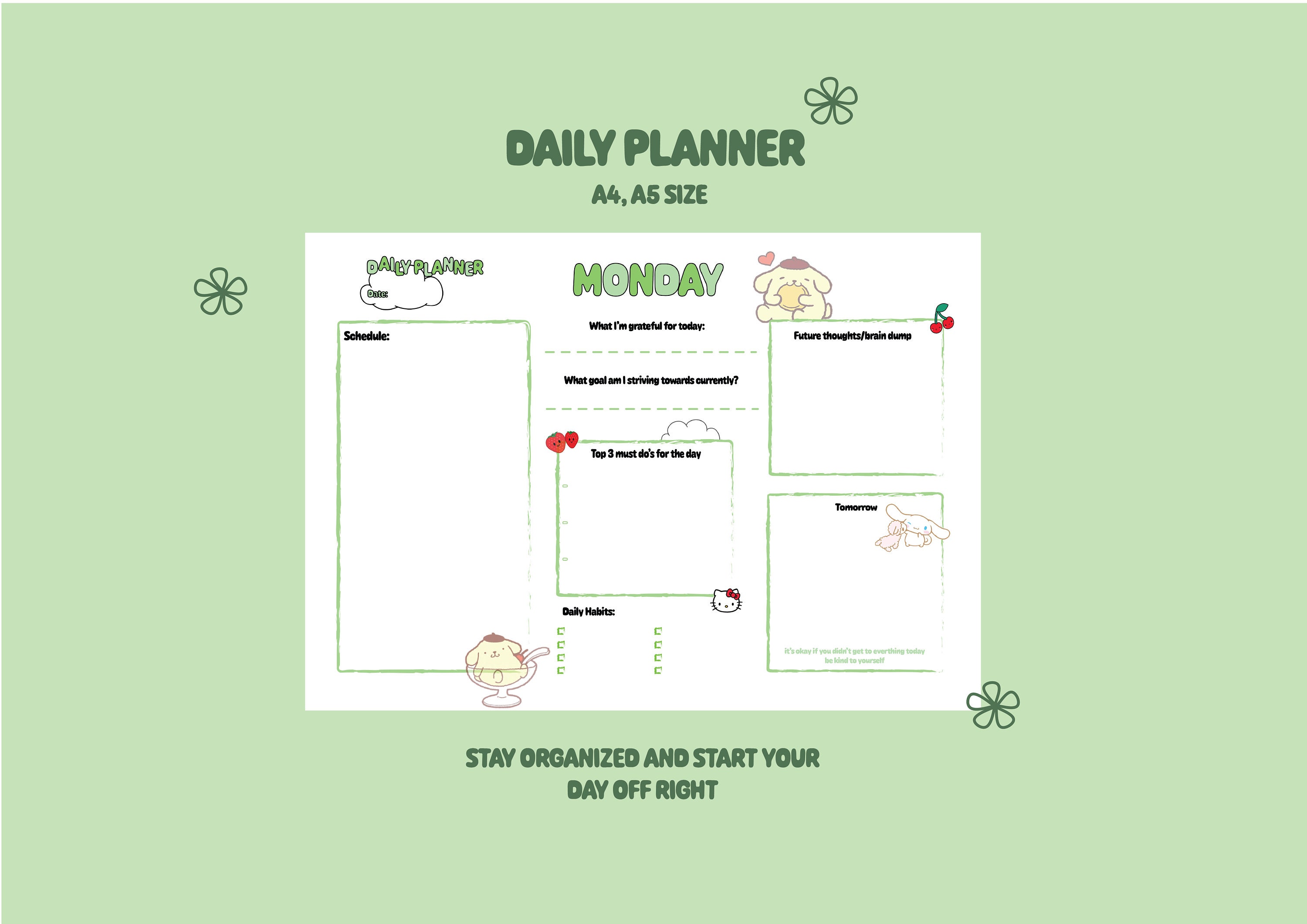 Kawaii Green Planner Set | Printable Daily Planner, Weekly Planner ...