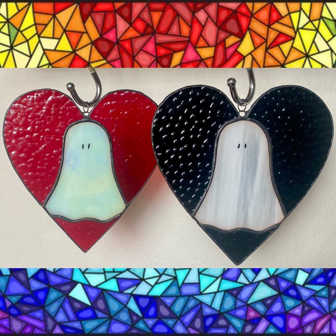 Stained Glass Hanging Ghost Love Heart / Cute Ghost Decorations Hand Painted UK Spooky Room ...