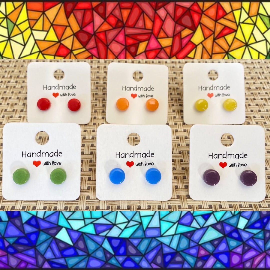 Fused Glass Stud Earrings / Bright Coloured Circle Studs Iridescent Glass Earrings Simple ...