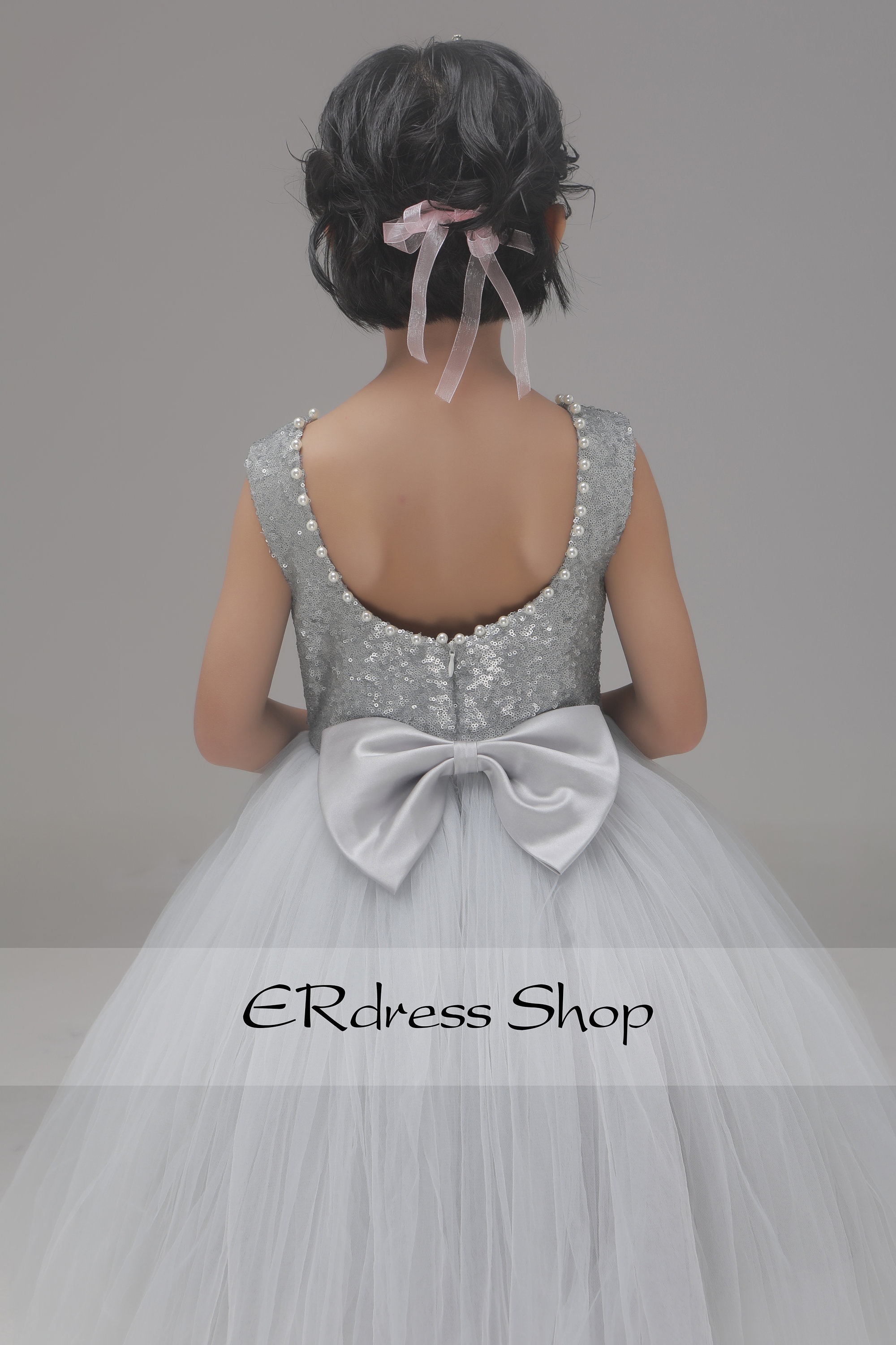 Silver Flower Girl Dress With Pearl Neckline/ Sequin - Etsy